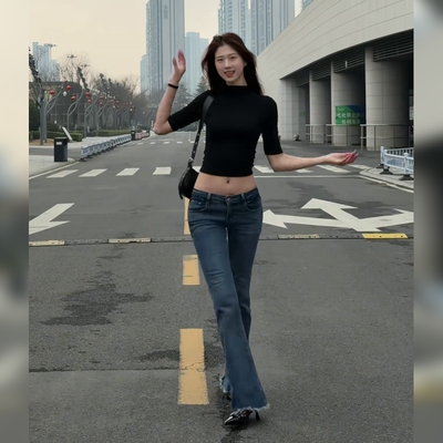 自然腰复古阔腿显瘦通勤牛仔裤