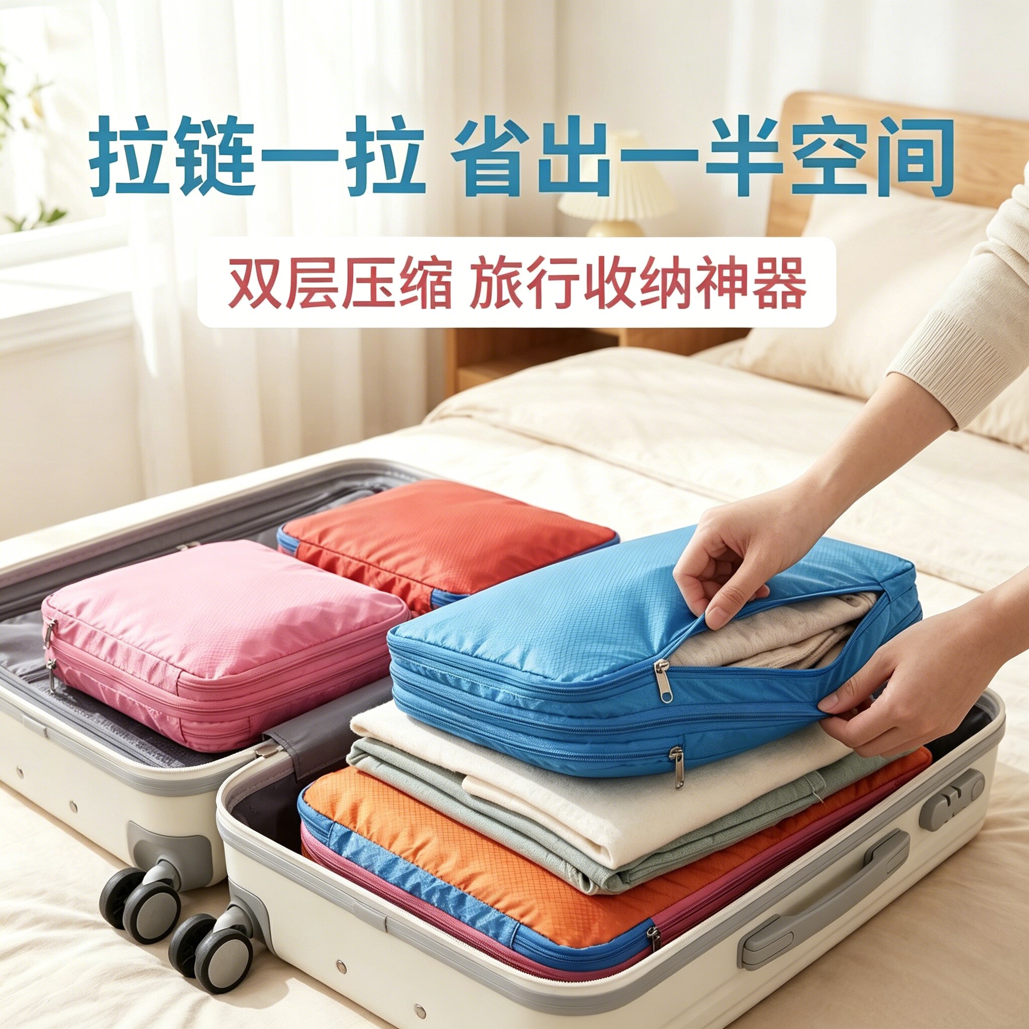 理空间 双层压缩收纳袋 旅行收纳包 防水衣物行李箱 收纳神器YMX