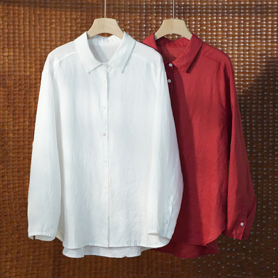 文艺小翻领亚麻长袖衬衫 门襟刺绣百搭宽松衬衣上衣 505TK