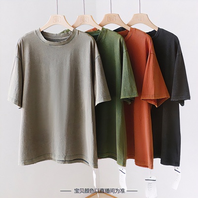1030101果果自制夏季文艺圆领宽松炒色做旧棉短袖T恤上衣 PZ21701