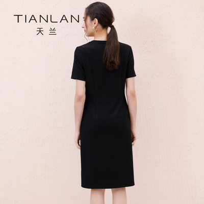 天兰线下专柜同款黑色连衣裙女通勤风短袖修身显瘦中长极简气质裙