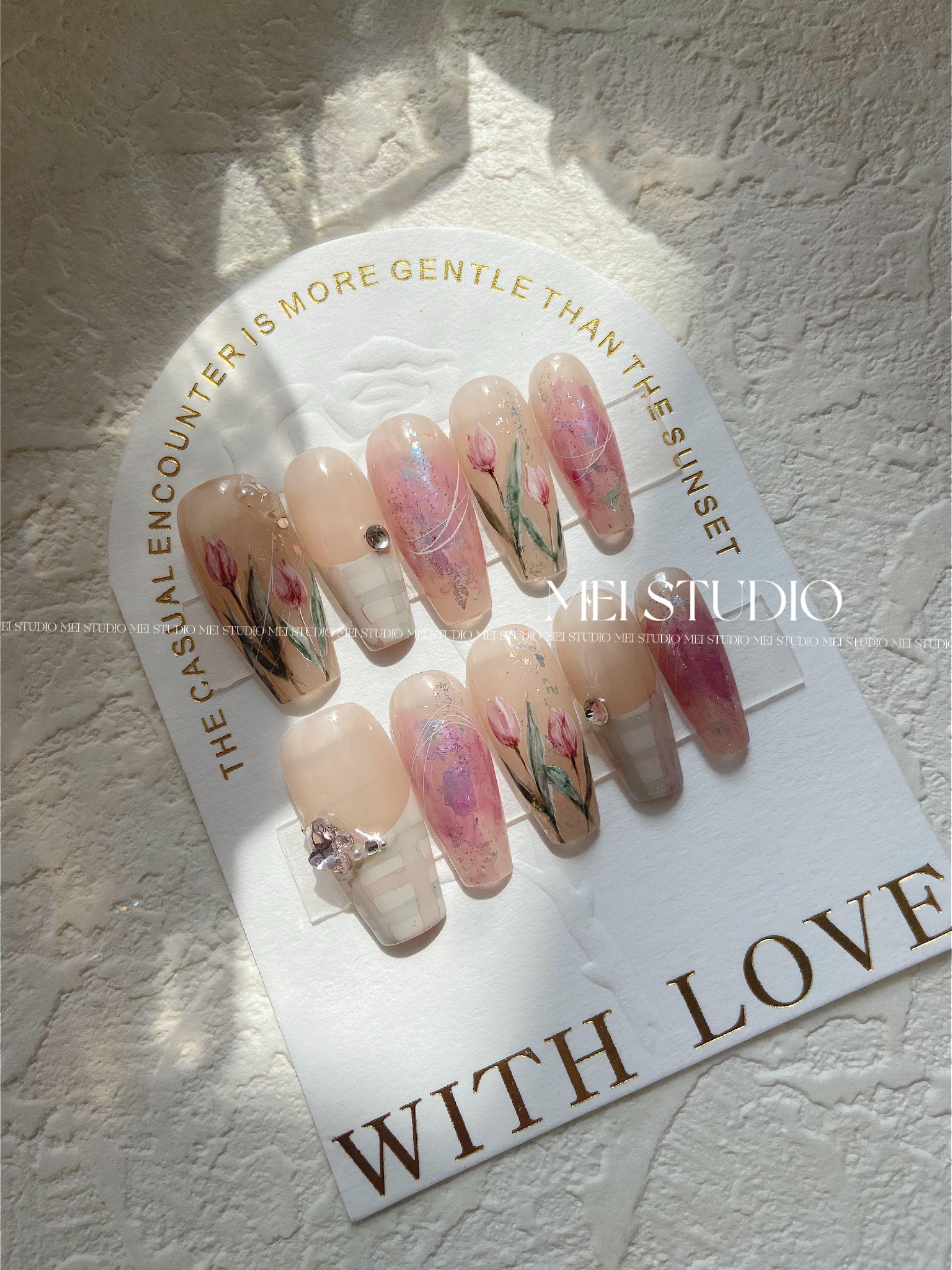 MEI STUDIO浪漫郁金香春日水彩手绘花朵晕染手工穿戴甲美甲甲片_虎窝淘