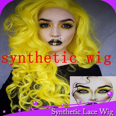 黄色大卷高温丝前蕾丝整顶假发wavy synthetic front lace wig