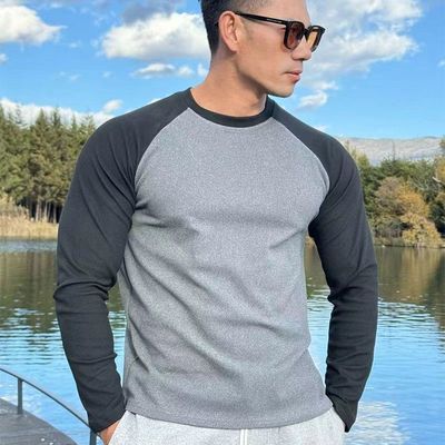 德绒长袖T恤男插肩袖拼色保暖