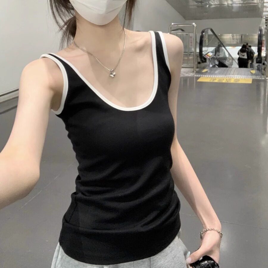 美式复古设计撞色外穿吊带运动背心女夏辣妹绝美内搭u领无袖上衣