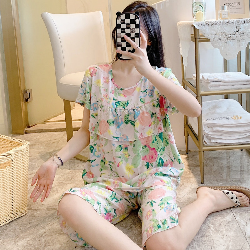 夏季女士防凸点睡衣两件套装短袖中裤薄款甜美大花人造棉绸家居服