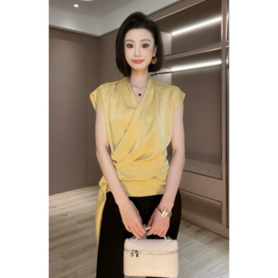 【琦哥专属】法式气质V领飘带上衣女夏装收腰绑带短袖上衣35132
