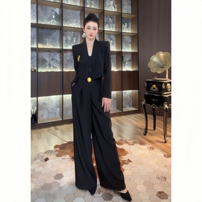 休闲直筒显瘦气质长袖网红针织高腰时尚黑色秋季套装6565-6566