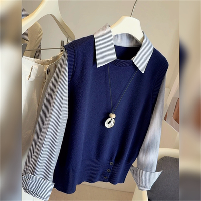 5185现货秋冬韩系针织衫假两件长袖女装套头衬衣袖拼接显瘦上衣