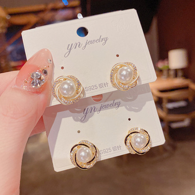 镶锆石小巧时尚耳环珍珠耳钉耳饰