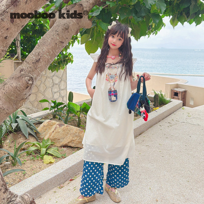 墨宝童装_薄透白碎花刺绣娃娃连衣裙+蓝波点民族风花边直筒裤