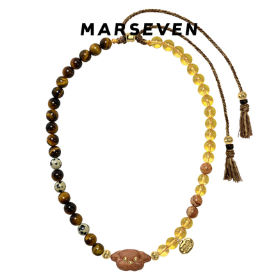 MARSEVEN 摩卡小狗系列木头小狗虎眼石串珠项链高级锁骨铜镀18K金