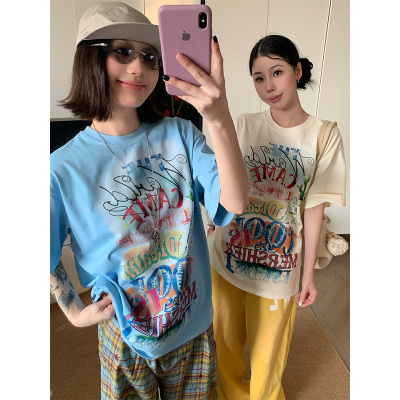 JMJ 2025夏季美式创意字母印花短袖T恤男女宽松休闲套头打底上衣