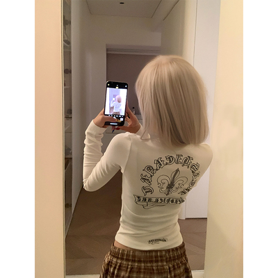 JMJ 美式设计感印花修身长袖T恤女辣妹纯欲V领显瘦运动打底上衣