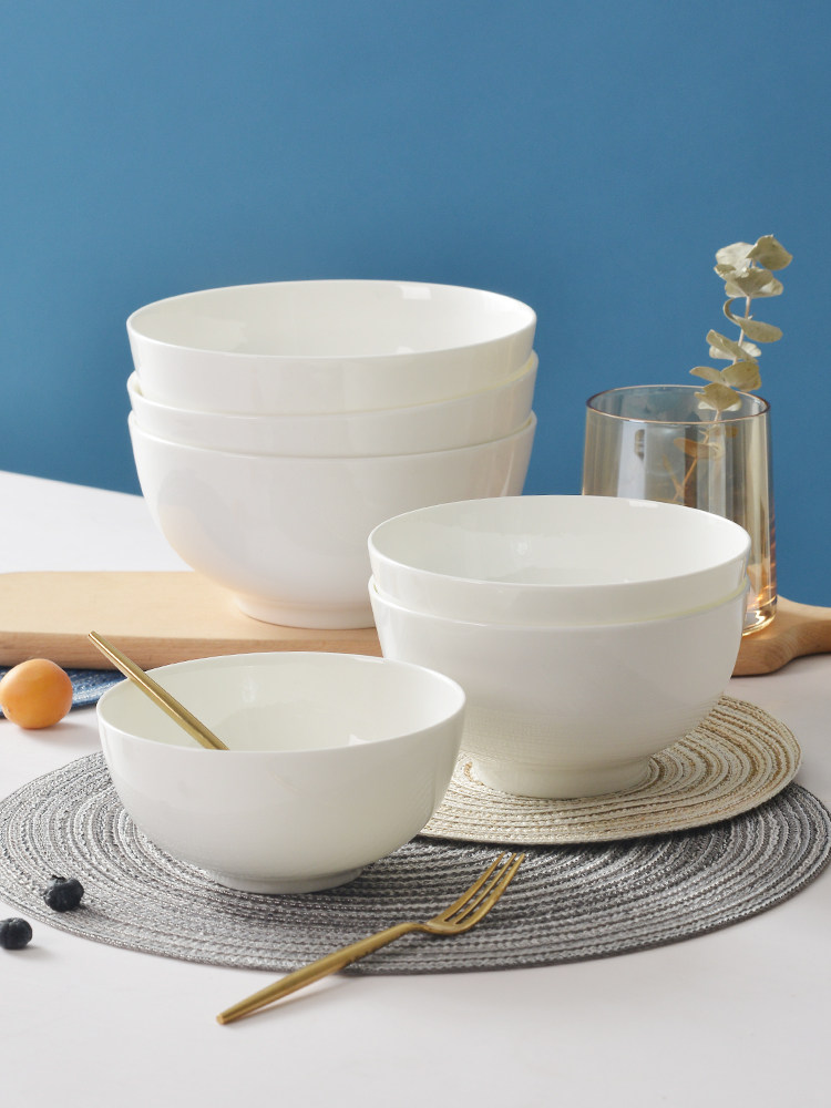 6碗纯白骨瓷碗,4.5英寸食用碗,家用白色陶瓷碗,6英寸微波炉碗