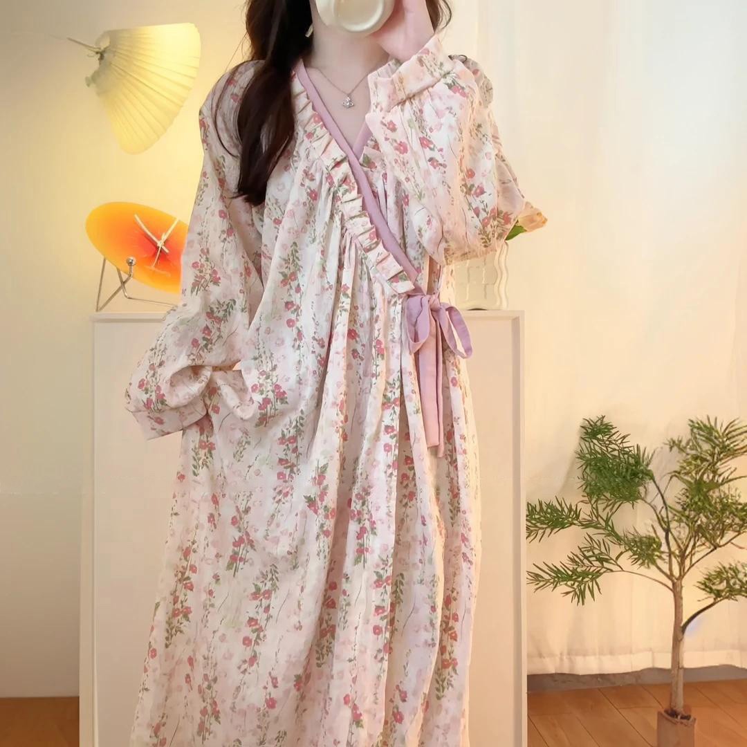 莫奈花园长袖睡裙女春秋季2025新款云朵棉睡衣睡袍洗澡浴袍