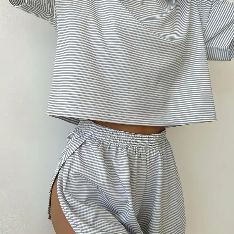 欧美针织条纹睡衣宽松短袖短裤居家服套装时尚跨境外穿家居服女