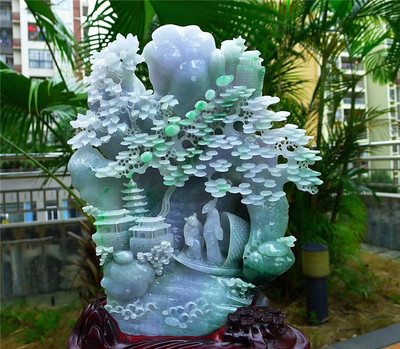 缅甸天然翡翠A货老坑种 精雕高山流水摇钱树摆件 配证书