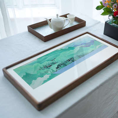 李旭青绿山水墨画山峰彩色横版床头沙发客厅书房装饰画新中式挂画