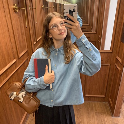 果核宇宙高级感短款牛仔打底衬衫