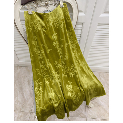 复古高端新中式国风压花裙子春款高腰长裤半裙女黑色丝绒半身长裙