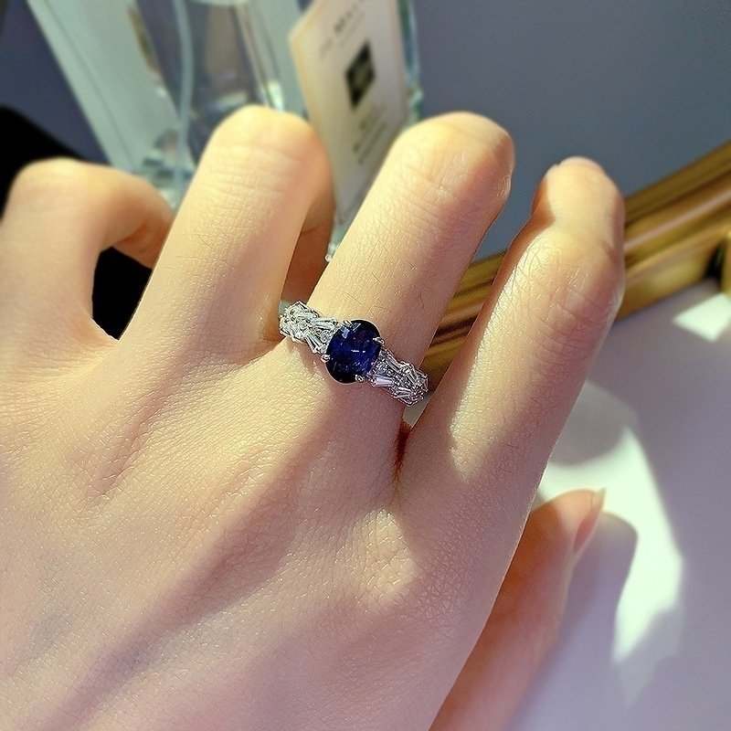 欧美新款S925银6*8高碳钻仿海蓝宝戒指环豪华围镶梯方戒指女精致