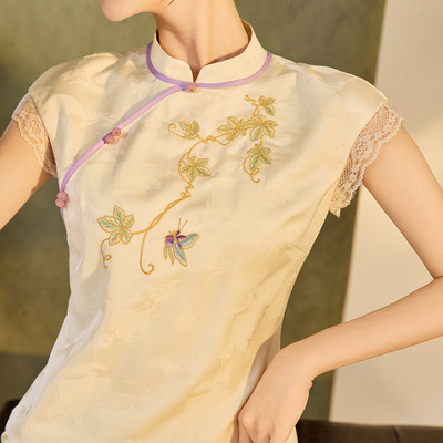 夏季立领飞飞袖新中式刺绣旗袍裙