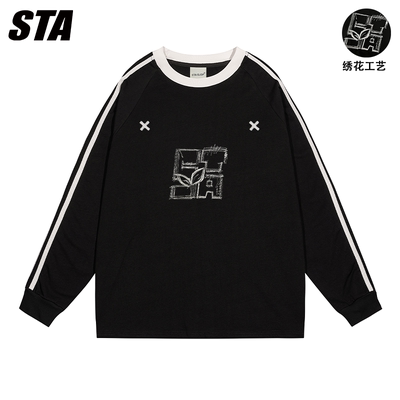 STA GJDP三条杠美式高端刺绣刺绣宽松长袖重磅衫男女情侣秋冬上衣
