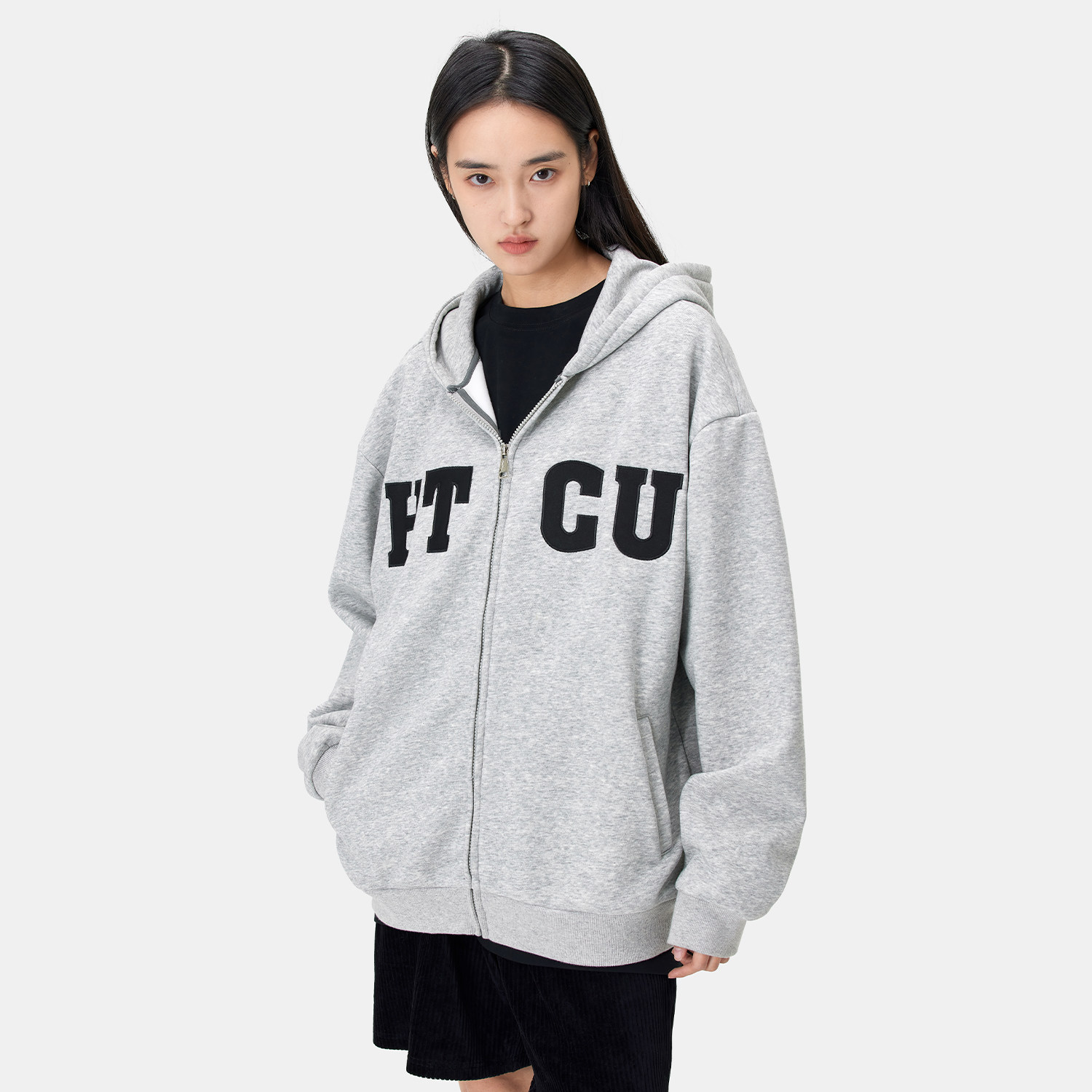 HTCU潮牌基础LOGO拉链卫衣灰色外套情侣装男女美式开衫外套加绒_虎窝淘