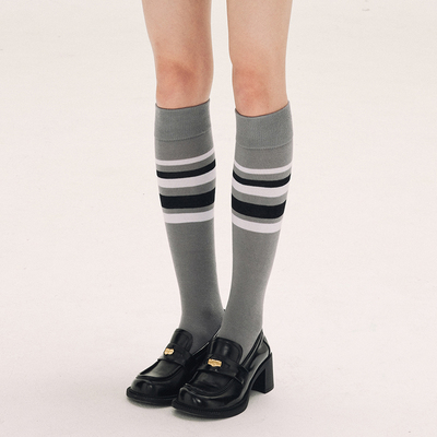 HTCU复古条纹撞色灰色小腿袜
