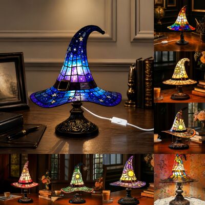 跨境新款万圣节Witch Hat Lamps女巫帽灯树脂装饰USB插头灯光摆件