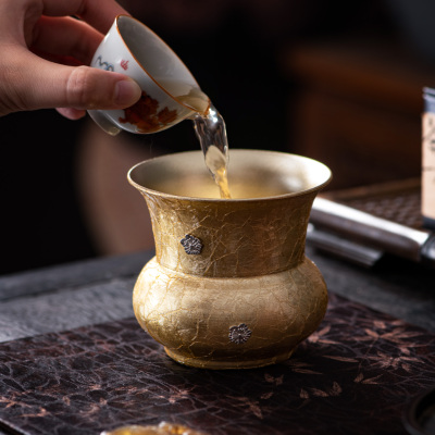 黄铜冰花镶银建水茶渣方复古