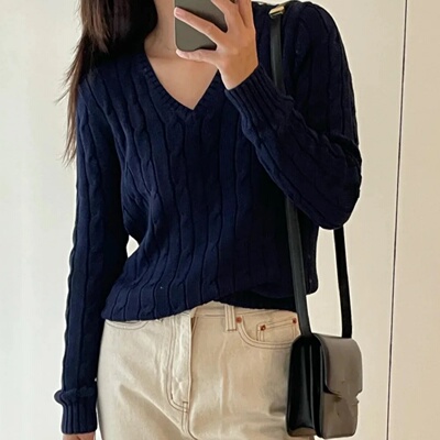 妞妞家秋季新品女士V领美式复古麻花经典百搭长袖套头毛衣8567