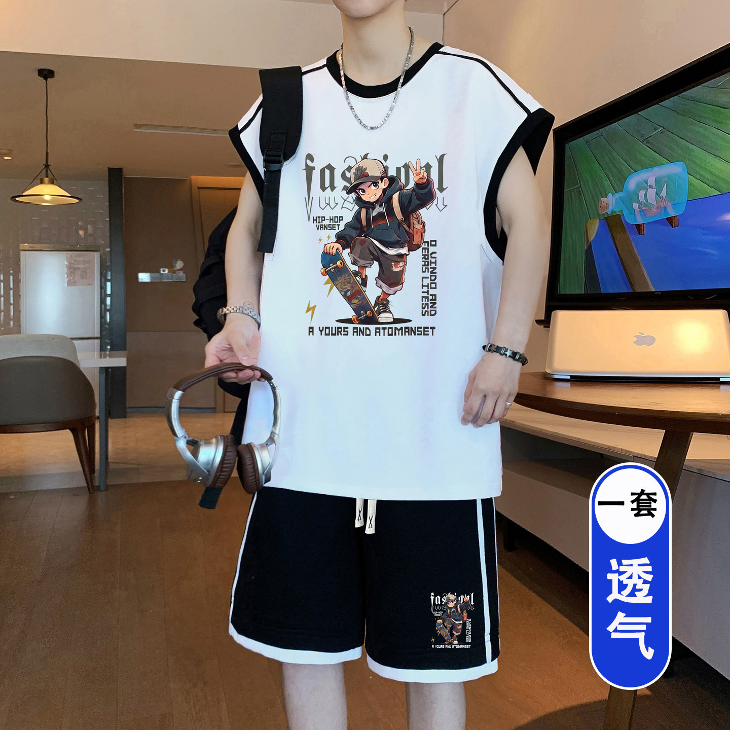 2026夏季男生卡通印花运动两件套侧边条纹五分短裤休闲套装