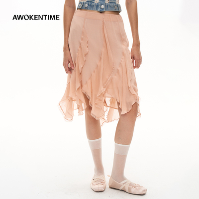 AWOKENTIME法式设计感桑蚕丝不规则蕾丝花边仙气半身裙女夏季新款