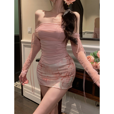 网纱2024春季一字肩褶皱