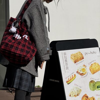 others. 复古格纹手提包女ins风轻便单肩刺绣磨毛 大容量帆布包