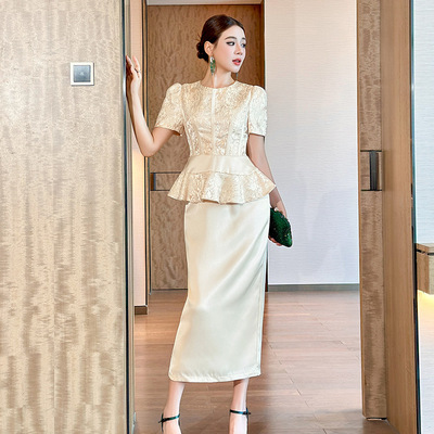 喜婆婆礼服裙2025夏季新款端庄气质收腰荷叶边包臀连衣裙女65411