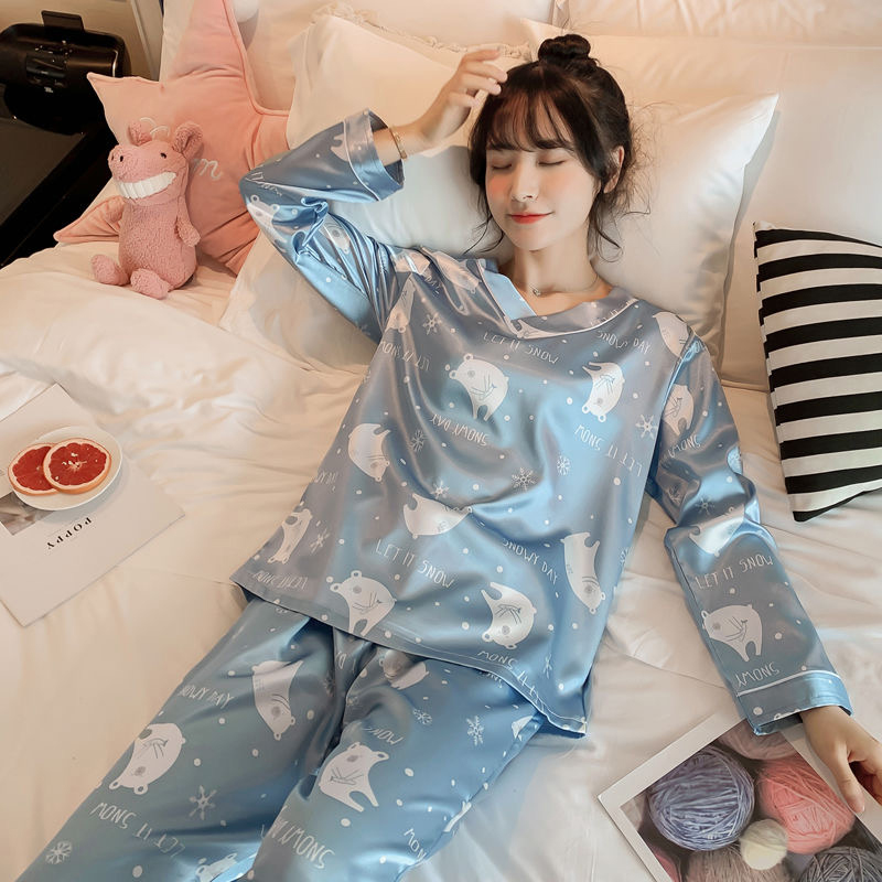 春秋长袖睡衣女士夏季冰丝薄款丝绸可爱甜美大码宽松家居服套装夏虎窝淘