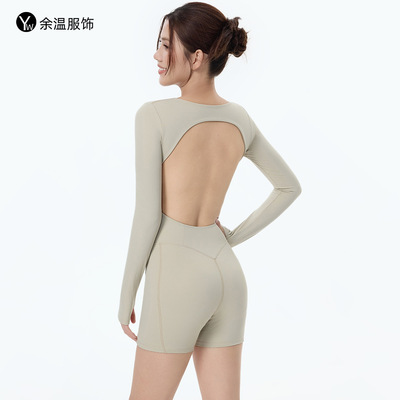 欧美长袖连体瑜伽服女短裤高弹裸