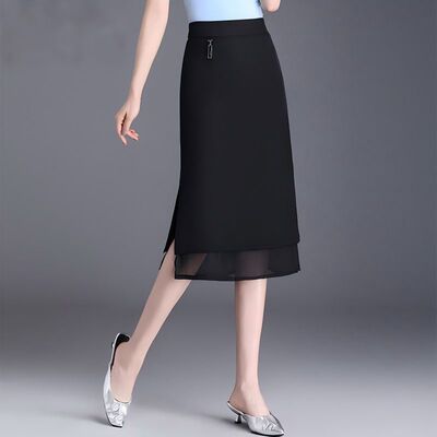 黑色薄款半身裙女夏季2026新款高腰中长款开叉直筒一步包臀裙9628