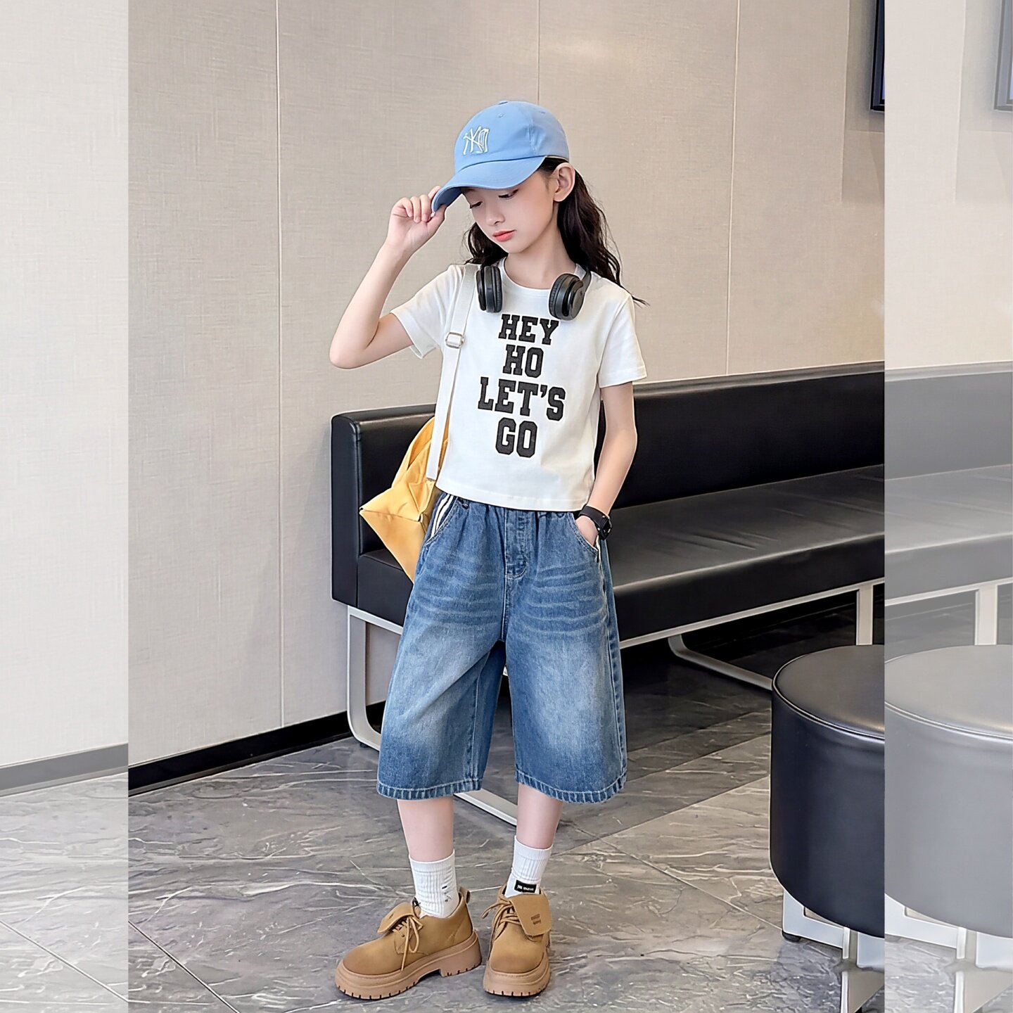 女童短袖T恤夏季2025新款套装儿童中大童夏装薄款牛仔短裤两件套