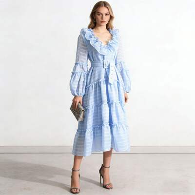 气质甜美长裙2025时尚V领泡泡袖束腰显瘦连衣裙女A字裙单件高腰