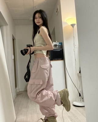 bonnae粉色工装裤辣妹复古休闲裤