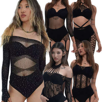 IAMYOYO烫钻连体衣网眼网衣