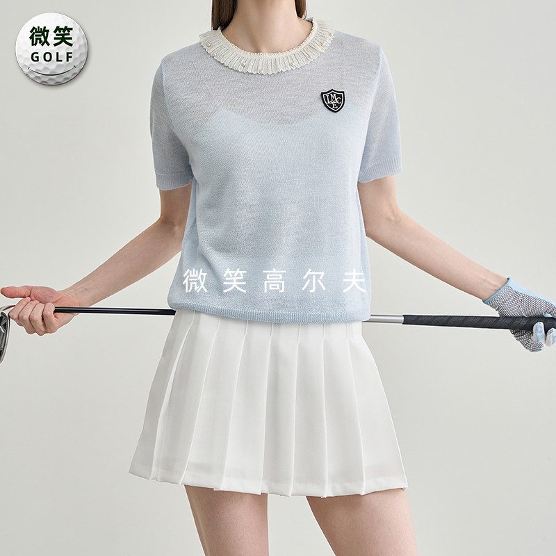 特价2026夏新款韩国代购珍珠点缀荷叶边高尔夫球服女士短袖针织衫