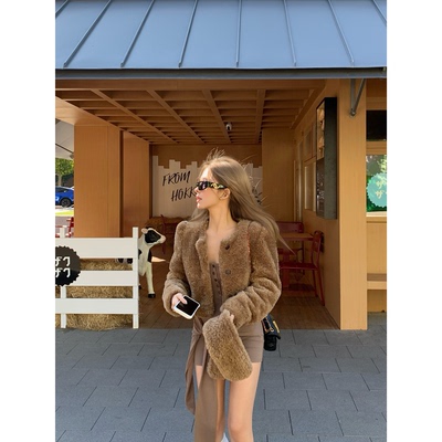 CAFE ROSE 复古毛茸茸短款外套女新款气质百搭毛绒保暖冬装含羊毛