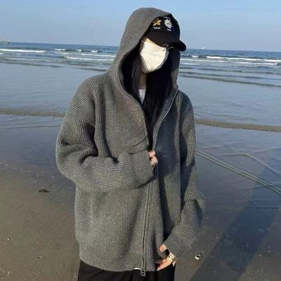 高街纯色连帽针织衫男款秋季美式cleanfit连帽卫衣高级感痞帅毛衣