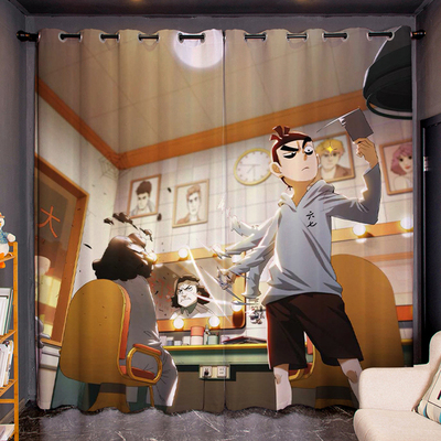 定制长帘粗麻刺客567哪吒国漫卧室阳台挂钩宿舍全遮光打孔窗帘布