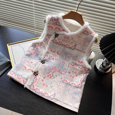 高级感复古新中式国风毛边印花马甲夹棉加厚款女百搭马夹春秋新款